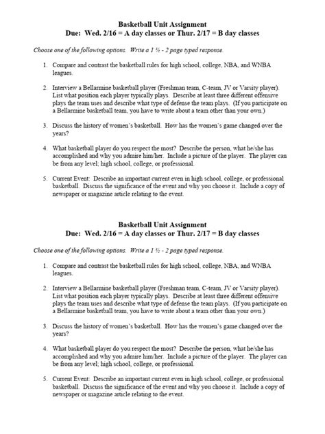 Basketball Unit Assignments Pdf Sports Team Sports