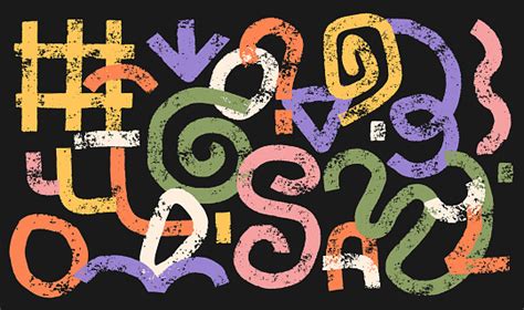 손으로 그린 세트는 다채로운 다양한 모양 대담한 컬 형태 아치 구불구불한 구 마른 브러시 기하학적 모양이 있는 추상적인 현대적인