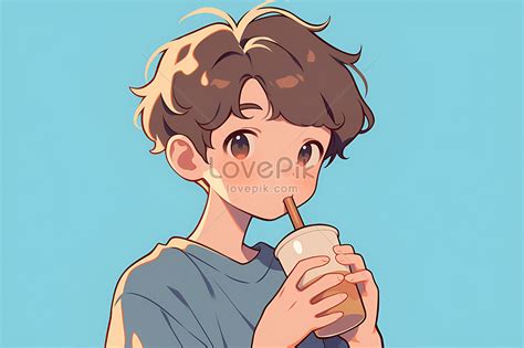 우유 차를 마시는 귀여운 소년 일러스트 무료 다운로드 Lovepik