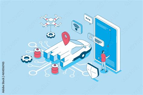 Smart Car Concept In 3d Isometric Design People Managing Of Autonomous Automobile With