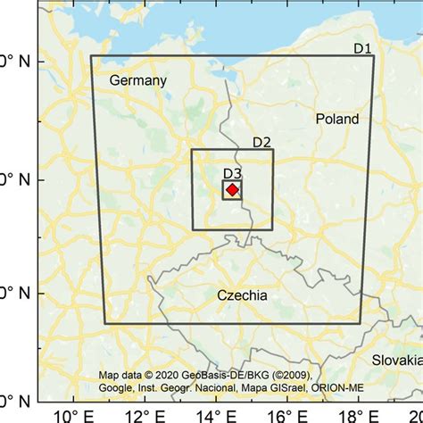 Location Of Three Time Nested Domains Black Squares Of The Wrf Download Scientific Diagram