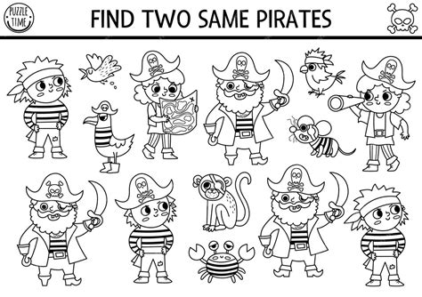 흑백으로 같은 해적 두 명 찾기 어린이를 위한 보물섬 라인 맞추기 활동 바다 모험 교육 퀴즈 워크시트 또는 주의력을 위한 어린이를 위한 색칠 페이지xa 프리미엄 벡터