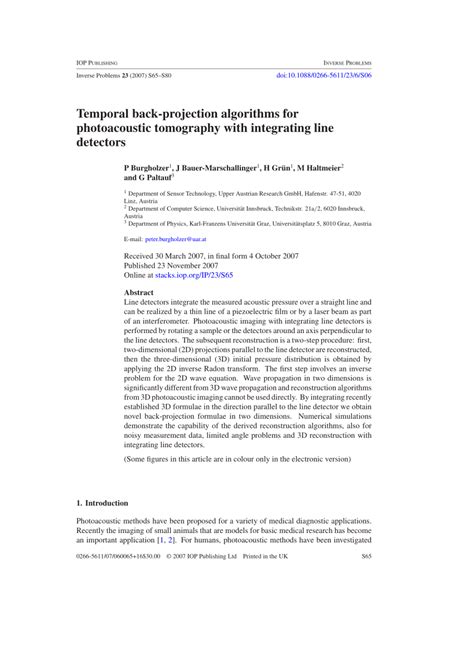 Pdf Temporal Back Projection Algorithms For Photoacoustic Tomography With Integrating Line