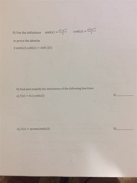 Solved Cosh X Set 8 Use The Definitions Sinh X To Prove