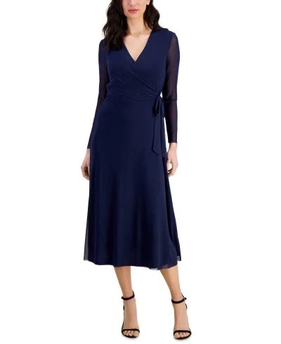 Anne Klein Womens Faux Wrap Mesh Sleeve Midi Dress In Midnight Navy