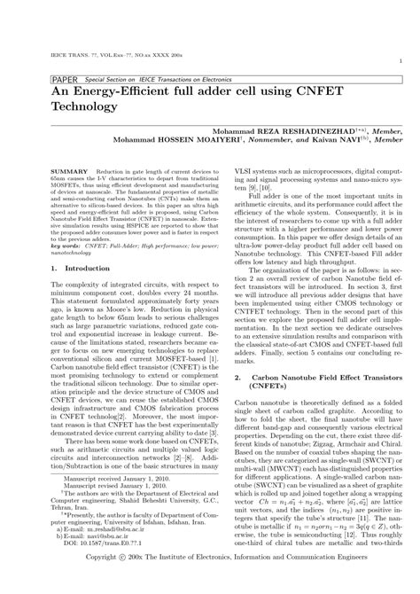Pdf An Energy Efficient Full Adder Cell Using Cnfet Technology