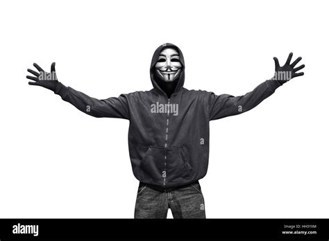 Portrait Of Hacker Man With Mask Isolated Against White Background