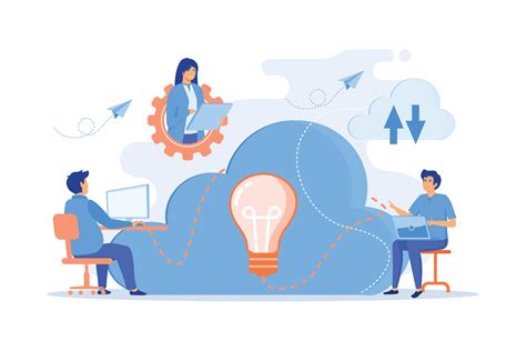 Coworking Team Of Users Connected By Cloud Computing And Light Bulb Online Collaboration