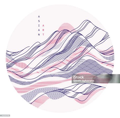 동양 일본 스타일 벡터 추상 일러스트는 원 모양 아시아 전통 스타일 물결 모양과 산 지형 바다 선처럼 콧물의 모양 중국 문화에 대한 스톡 벡터 아트 및 기타 이미지 Istock