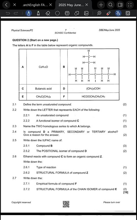 Question 2 Organic Chemistry Organic Compounds Table The Letters A To
