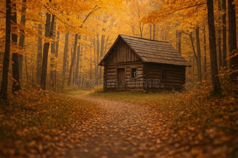Cozy Wooden Cabin Surrounded Vibrant Fall Foliage Serene Forest Path