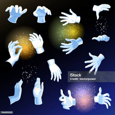 마법의 손을 마술사 나 마술 지주 마법의 지팡이 또는 발광 공 배경에 고립 된 미스터리 성능을 보여주는 만화 캐릭터의 무기 그림에서 벡터 마술사에 대한 스톡 벡터 아트 및