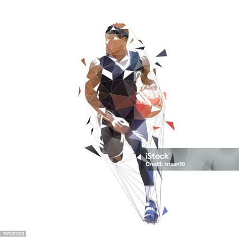 공을 가지고 달리는 농구 선수 드리블 격리 벡터 낮은 다각형 그림 정면도 농구 포인트 가드 기하학적 스타일 농구 선수에 대한