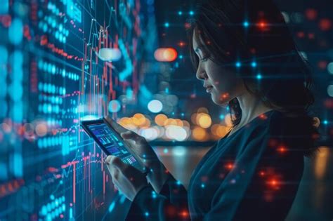 Premium Photo Woman Analyzing Interactive Data Charts On A Futuristic