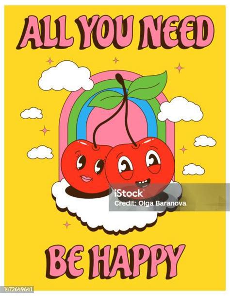 무지개 배경 구름 노란색 배경에 체리가 있는 복고풍 그루비 포스터 트렌디 한 만화 복고풍 60 년대 70 년대 스타일 엽서 인쇄 벡터 공휴일에 대한 스톡 벡터 아트 및 기타