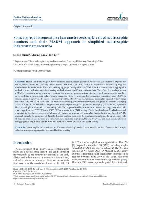 Pdf Some Aggregation Operators Of Parameterized Single Valued Neutrosophic Numbers And Their
