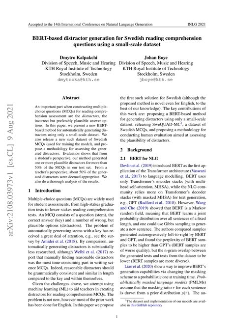 Pdf Bert Based Distractor Generation For Swedish Reading