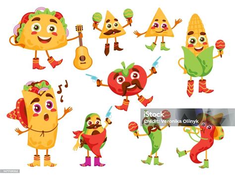 만화 멕시코 식품 캐릭터 재미있는 부리 토 나초 및 타코 마스코트 아보카도 고추 토마토 및 옥수수 벡터 일러스트 레이 션 세트 만화에 대한 스톡 벡터 아트 및 기타 이미지