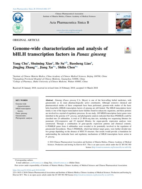 Pdf Genome Wide Characterization And Analysis Of Bhlh Transcription Factors In Panax Ginseng