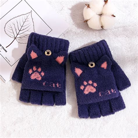 1 쌍 겨울 따뜻한 어린이 반 손가락 뒤집기 양모 두꺼운 플러스 벨벳 스포츠 승마 장갑 네이비