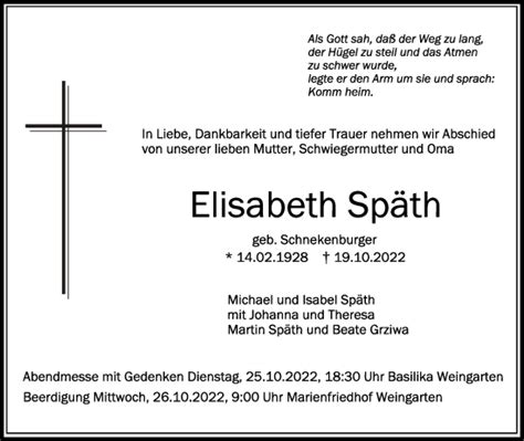 Traueranzeigen Von Elisabeth Späth Schwaebische De Trauerportal