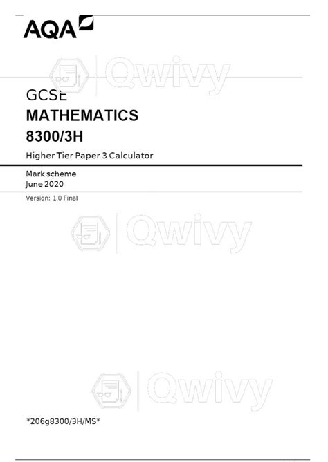 Aqa Gcse Mathematics 8300 3h Higher Tier Paper 3 Calculator Mark Scheme June 2020