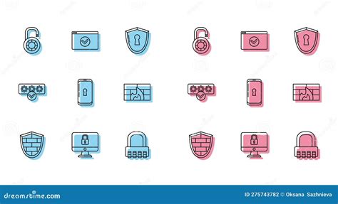 Set Line Shield With Cyber Security Brick Wall Safe Combination Lock Wheel Smartphone