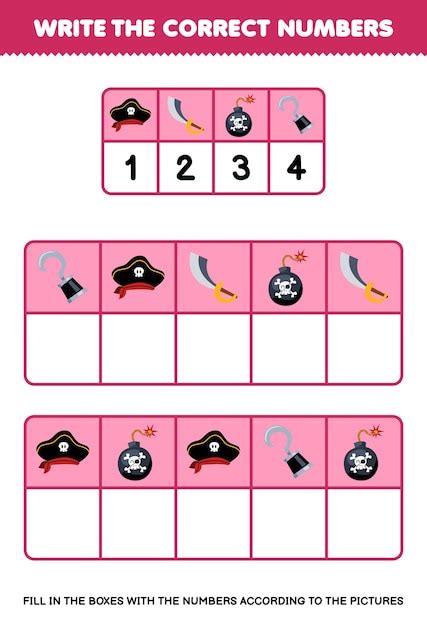 아이들을 위한 교육 게임은 인쇄 가능한 해적 워크시트에 있는 귀여운 모자 칼 폭탄 갈고리에 따라 상자에 올바른 숫자를 씁니다 프리미엄 벡터