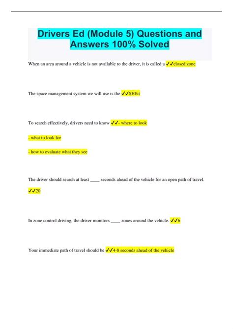 drivers ed module 5 questions and answers 100 solved drivers ed stuvia us