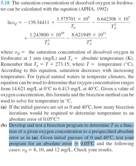 Solved 518 The Saturation Concentration Of Dissolved Oxygen