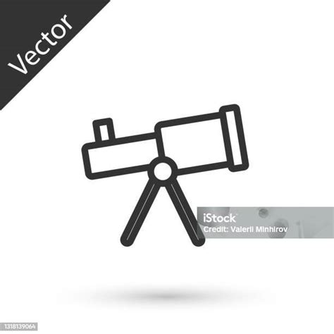 흰색 배경에 격리 된 회색 선 망원경 아이콘 과학 도구 교육 및 천문학 요소 스파이 글래스 및 연구 별 벡터 Planetarium Building에 대한 스톡 벡터 아트