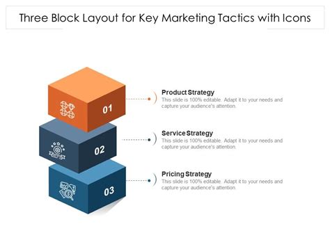 Three Block Layout For Key Marketing Tactics With Icons Ppt Powerpoint Presentation Icon
