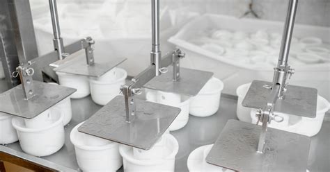 치즈 제조에서 전문 프레스 기계로 플라스틱 금형에서 치즈를 압착 사진 Unsplash의 치즈 이미지