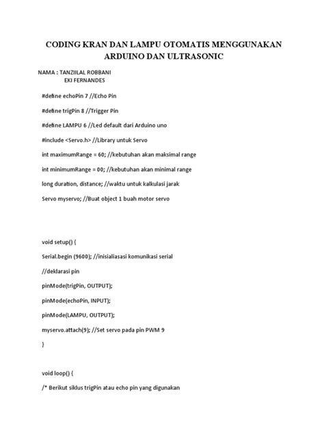 Coding Kran Dan Lampu Otomatis Menggunakan Arduino Dan Ultrasonic Pdf