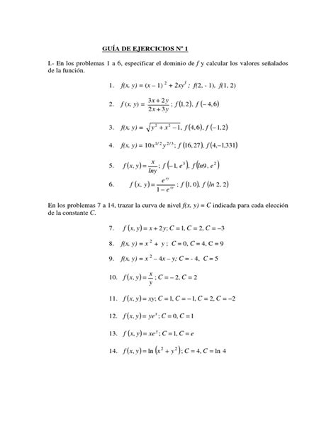 Guia Ejercicios N 1 Funciones En Dos Variables Pdf