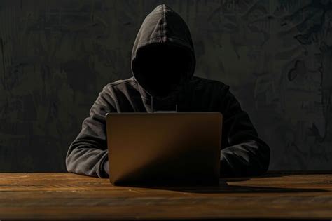 Hooded Hacker In Dark Room Cybersecurity Threat Data Breach And Cybercrime Concept Premium Ai