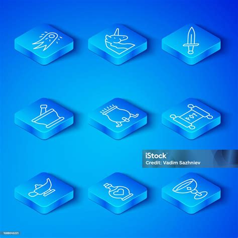 세트 라인 마술 램프 또는 알라딘 마녀 가마솥 사랑의 묘약이 든 병 두루마리 단검 박격포와 유봉 불 덩어리와 중세 잔 아이콘 벡터 3차원 형태에 대한 스톡 벡터 아트 및