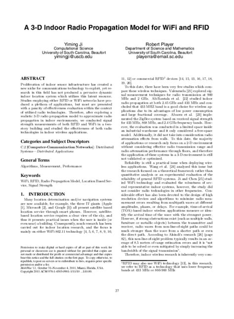 Pdf A 3 D Indoor Radio Propagation Model For Wifi And Rfid
