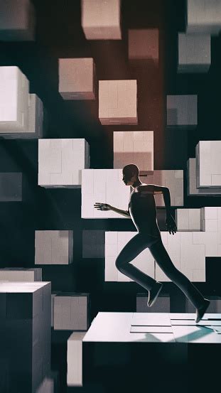 어두운 배경에 큐브를 통해 실행하는 사람의 추상적 인 3d 이미지 입방체에 대한 스톡 사진 및 기타 이미지 입방체 3차원 형태 건강한 생활방식 Istock