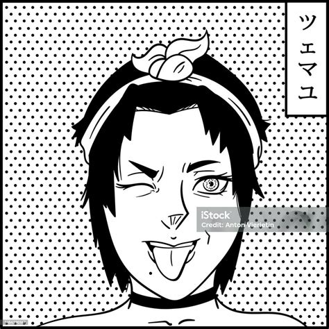 만화 스타일과 일본 상징의 생생한 표정과 큰 눈을 가진 소녀의 얼굴 티셔츠 인쇄를 위한 흑백 벡터 디자인 애니메이션 포스터 Kanuri People에 대한 스톡 벡터 아트