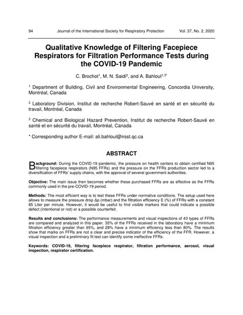 Pdf Qualitative Knowledge Of Filtering Facepiece Respirators For Filtration Performance Tests