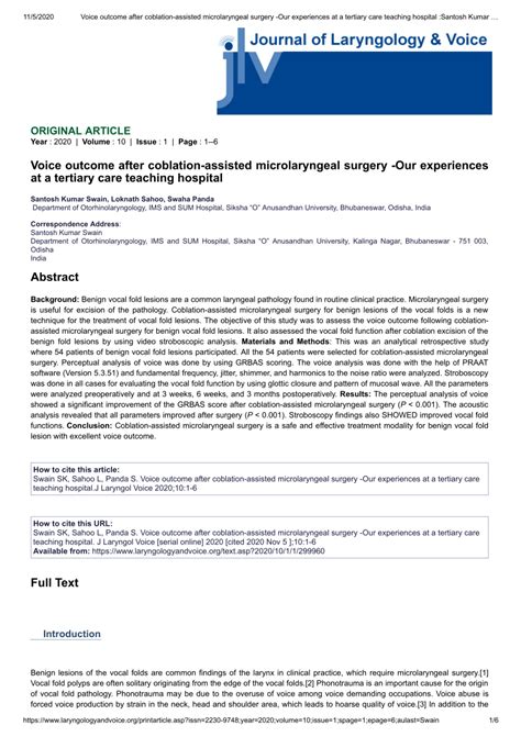 Pdf Voice Outcome After Coblation Assisted Microlaryngeal Surgery Our Experiences At A