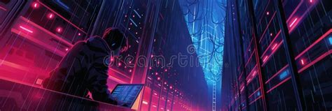 A Skilled Hacker Types On A Laptop In A Neon Lit Data Center