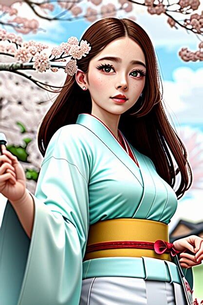 Premium Ai Image A Girl In A Blue Kimono With Flowers