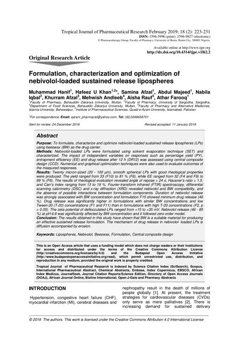 Pdf Formulation Characterization And Optimization Of Nebivolol Loaded Sustained Release