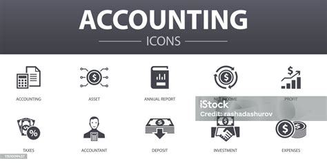 회계 간단한 개념 아이콘을 설정 합니다 자산 연례 보고서 당기 순이익 회계사 등의 아이콘이 포함 되어 웹 로고 Ui Ux에 사용할 수 있습니다 10에 대한 스톡 벡터 아트