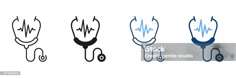 청진기 라인과 실루엣 아이콘 세트 심장병 진단 의료 도구 블랙과 컬러 픽토그램 의사의 도구 맥박 검사 기호 컬렉션 고립된 벡터 그림 건강관리와 의술에 대한 스톡 벡터 아트