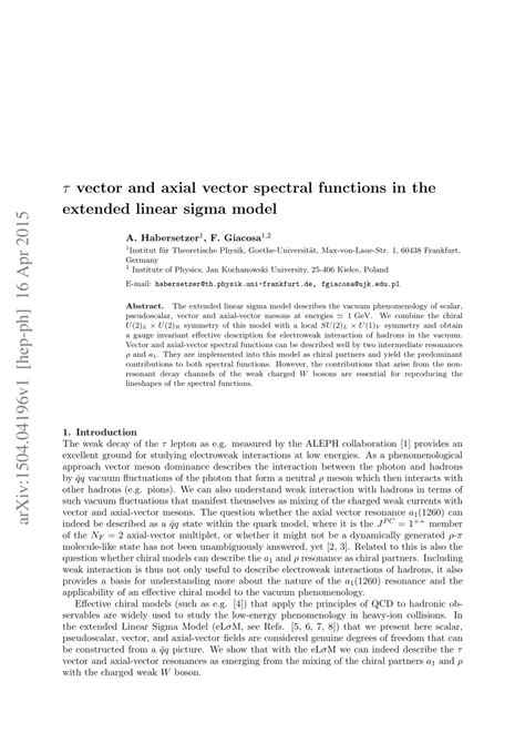 Pdf Tau Vector And Axial Vector Spectral Functions In The Extended Linear Sigma Model