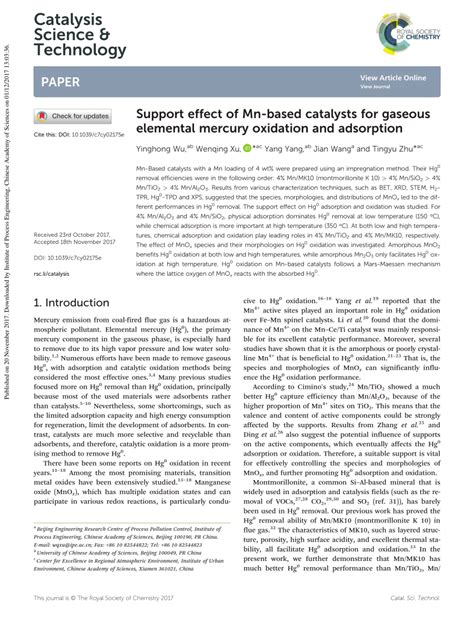 Pdf Support Effect Of Mn Based Catalysts For Gaseous Elemental Mercury Oxidation And Adsorption