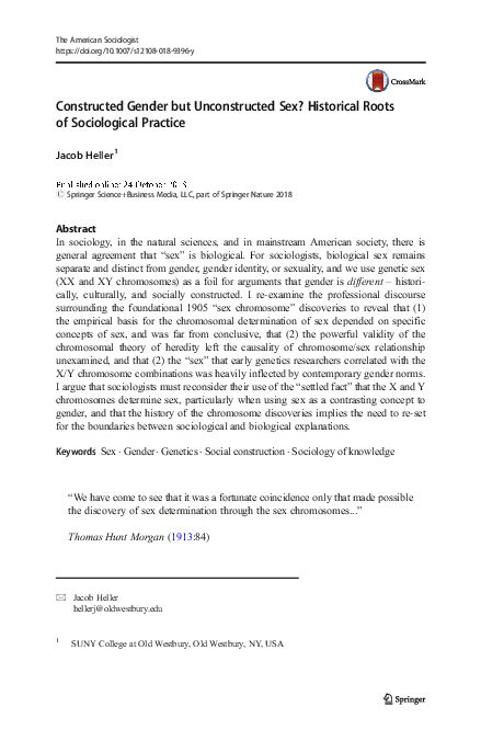 Pdf Constructed Gender But Unconstructed Sex Historical Roots Of Sociological Practice